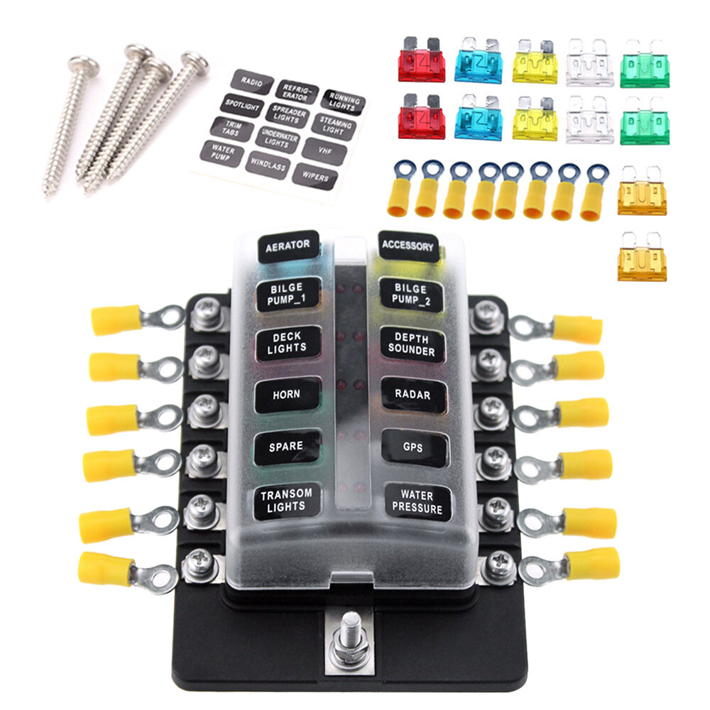 Розетка для предохранителей 12-типиновая с красным светодиодом-индикатором, 10 штук предохранителей, 10 штук клемм для автомобиля, лодки, морского транспорта, каравана, грузовика 12V 24V, черный цвет, база из ПБТ, крышка из ПК, клеммы из никелированной