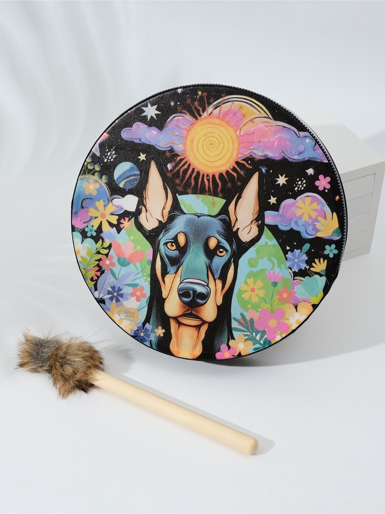 Шаманский бубен Сима-ленд "Доберман в цветах", с колотушкой, дерево, 5x25x25 см