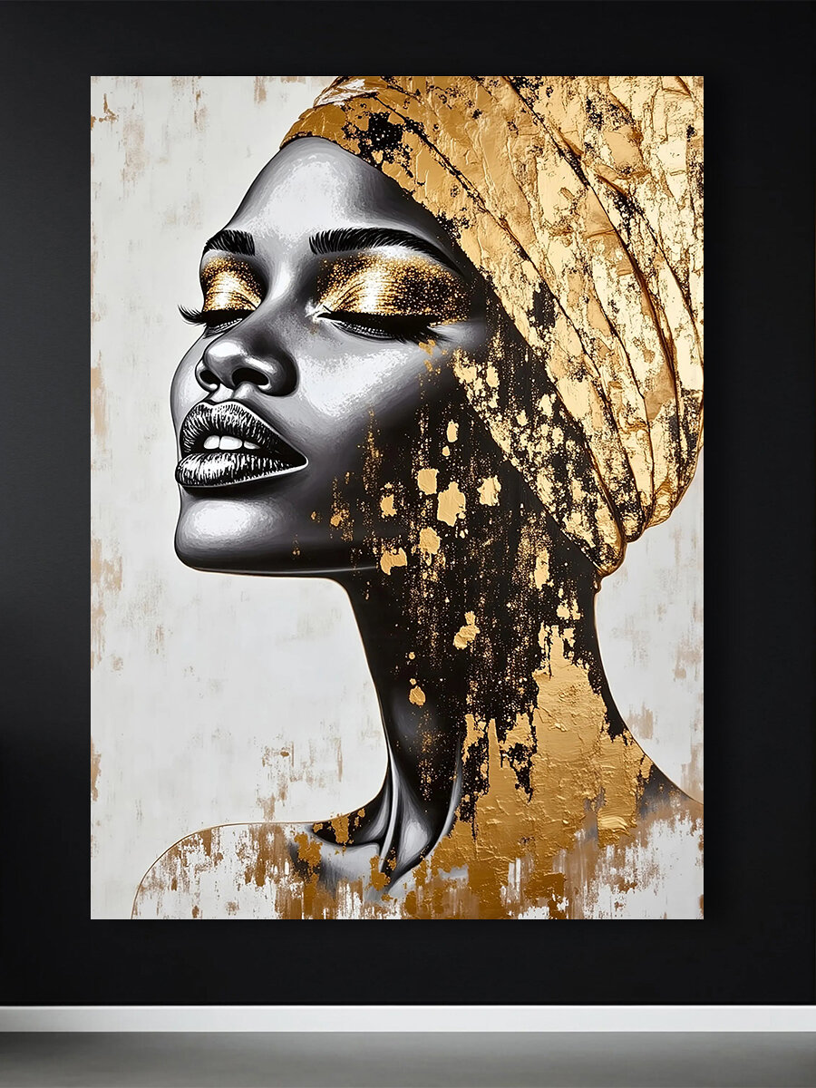 Картина интерьерная на стену - "Девушка негритянка с золотом, лицо женщины" , 60х80 см.