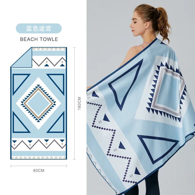 Двухстороннее бархатное полотенце для йоги, сухое пляжное полотенце из сверхтонкого волокна, 80x160cm, Голубой