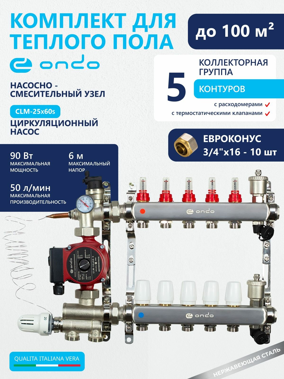 Коллектор для теплого пола 5 контуров, смесительный узел, с насосом , с расходомерам
