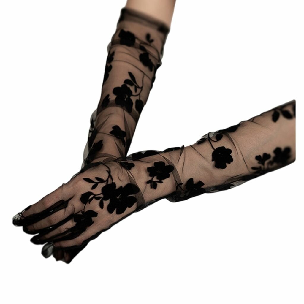 1 пара свадебных перчаток, длинные черные кружевные перчатки с цветочным узором-черный