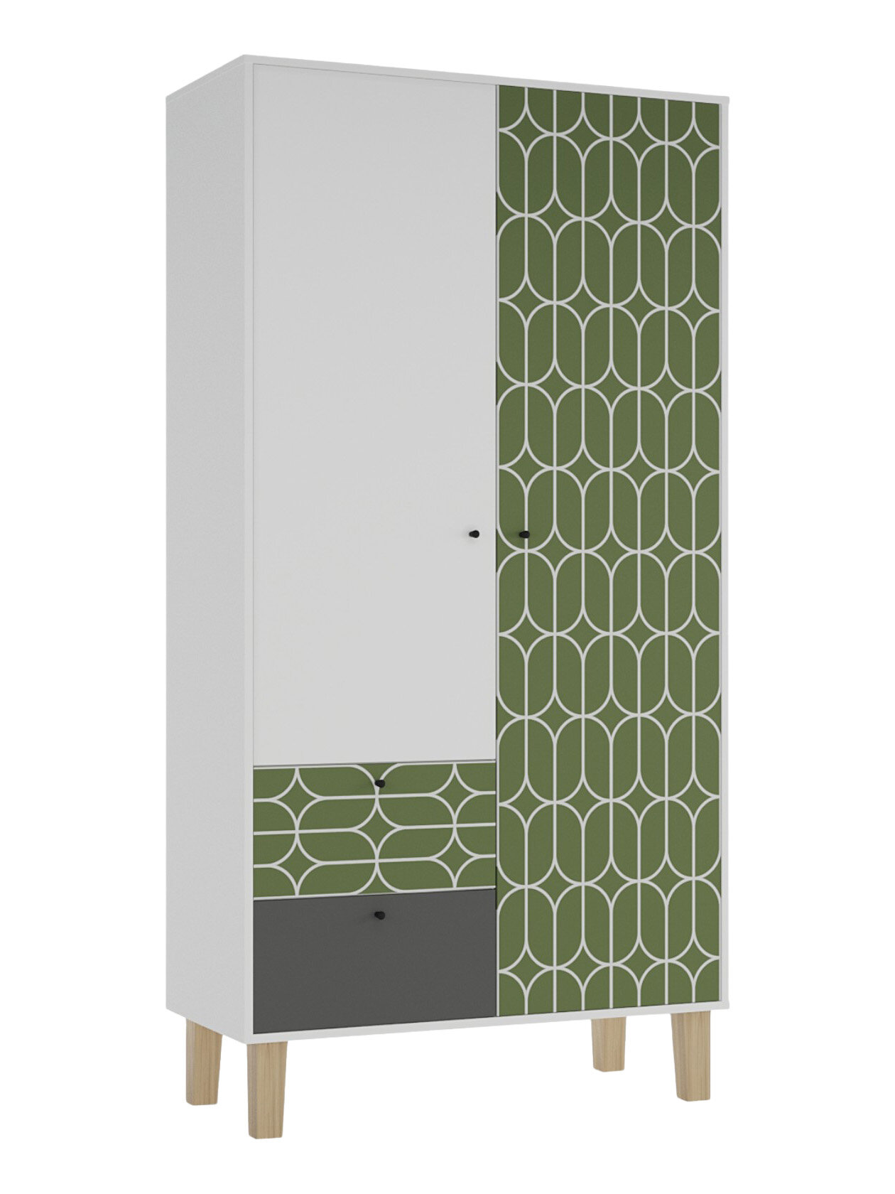 Распашной шкаф для одежды и хранения вещей детский Стори с ящиками, с полками, со штангой, 100х47х197 см, Белый шелк / Темно-серый / Овалы