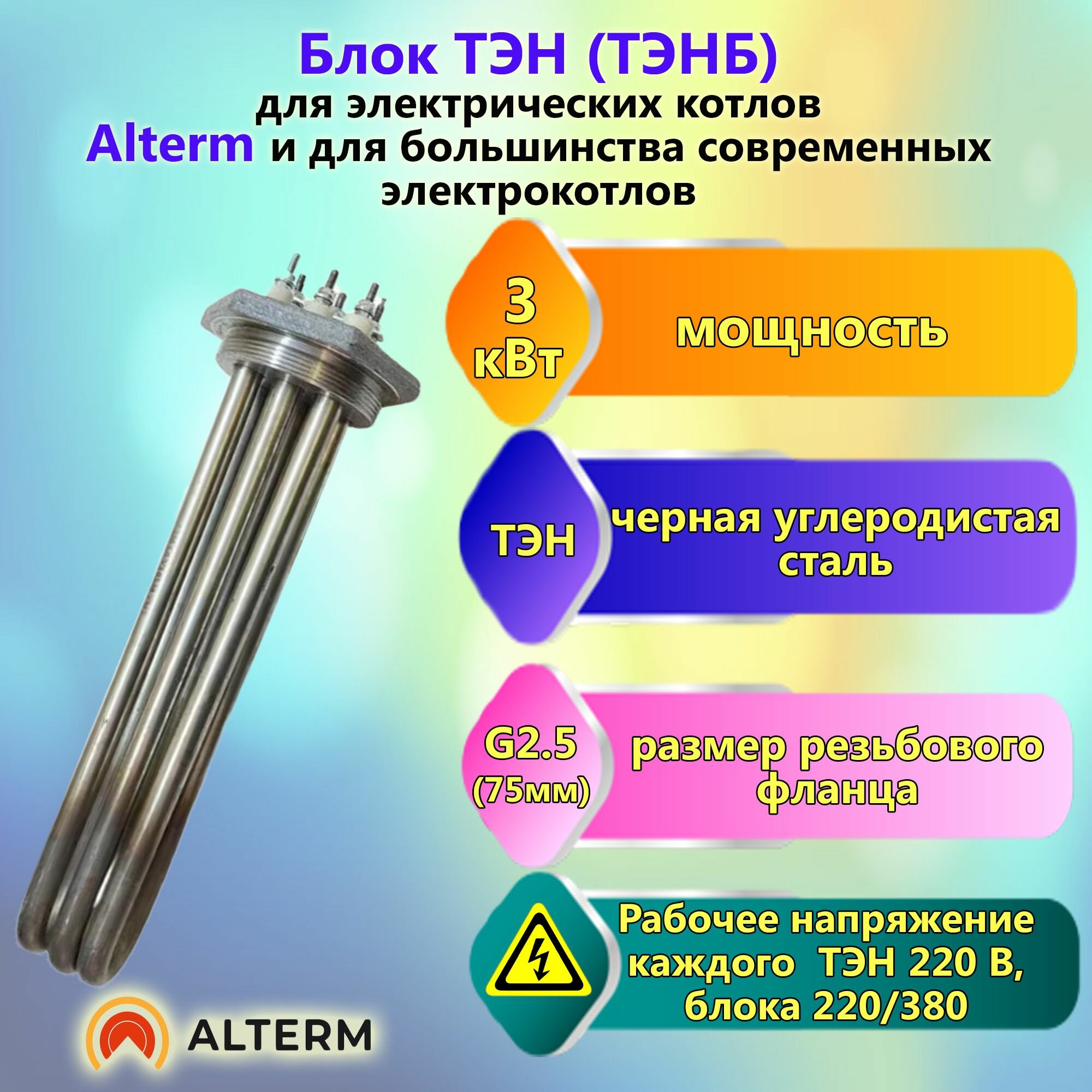 ALTERM ТЭН (блок ТЭН-ТЭНб) для электрического котла 3,0 кВт (ТЭН-черная углеродистая сталь)