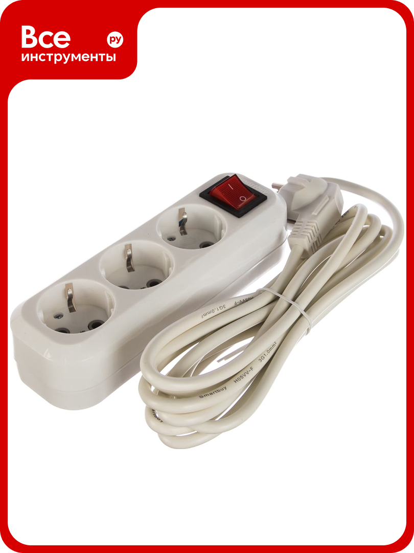 Удлинитель Smartbuy 3 гнезда 3 метра 16А/3,5кВт с выкл. и заземлением ПВС 3х1,0 SBE-16-3-03-ZS, 3×1, 16 А