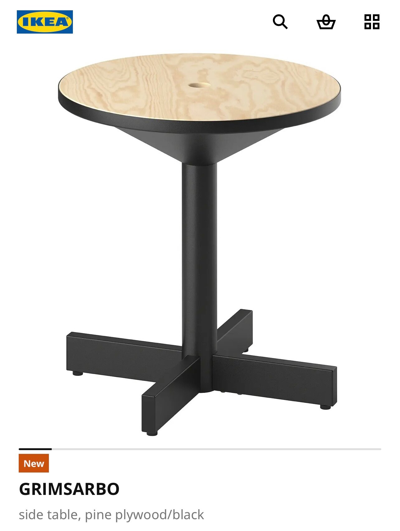 Приставной столик GRIMSARBO IKEA, черный, диаметр 40 см, высота 43 см, сосновая фанера/металл черный