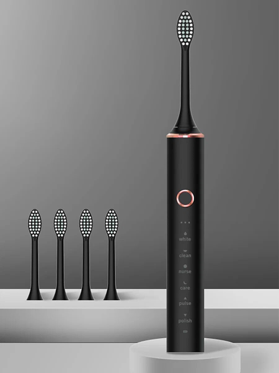 Электрическая зубная щетка, ультразвуковая зубная щетка для чистки зубов и полости рта, 6 режимов, 4 насадки, черный