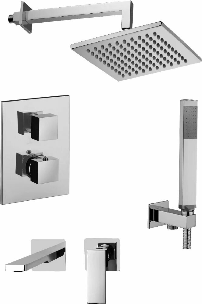 Комплект для ванной Paffoni Elle KITLEQ518CR105 5 в 1, встраиваемый, с внутренней частью в комплекте, с термостатом, со смесителем, с тропическим душем, латунный, из нержавеющей стали, хром, глянцевый