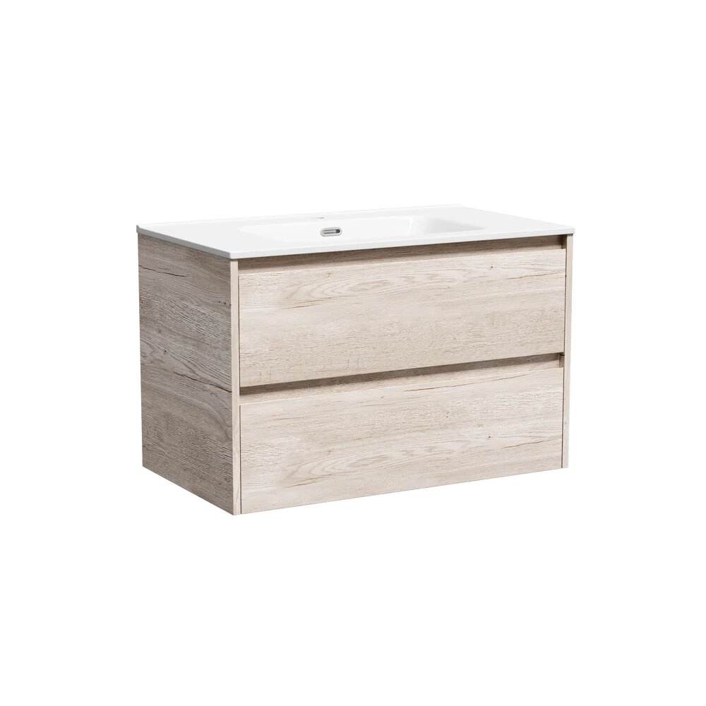 Тумба под раковину без столешницы Sancos Libra 80 подвесная, светлое дерево, матовая, из ЛДСП, тумба для ванной, с ящиками, с доводчиками