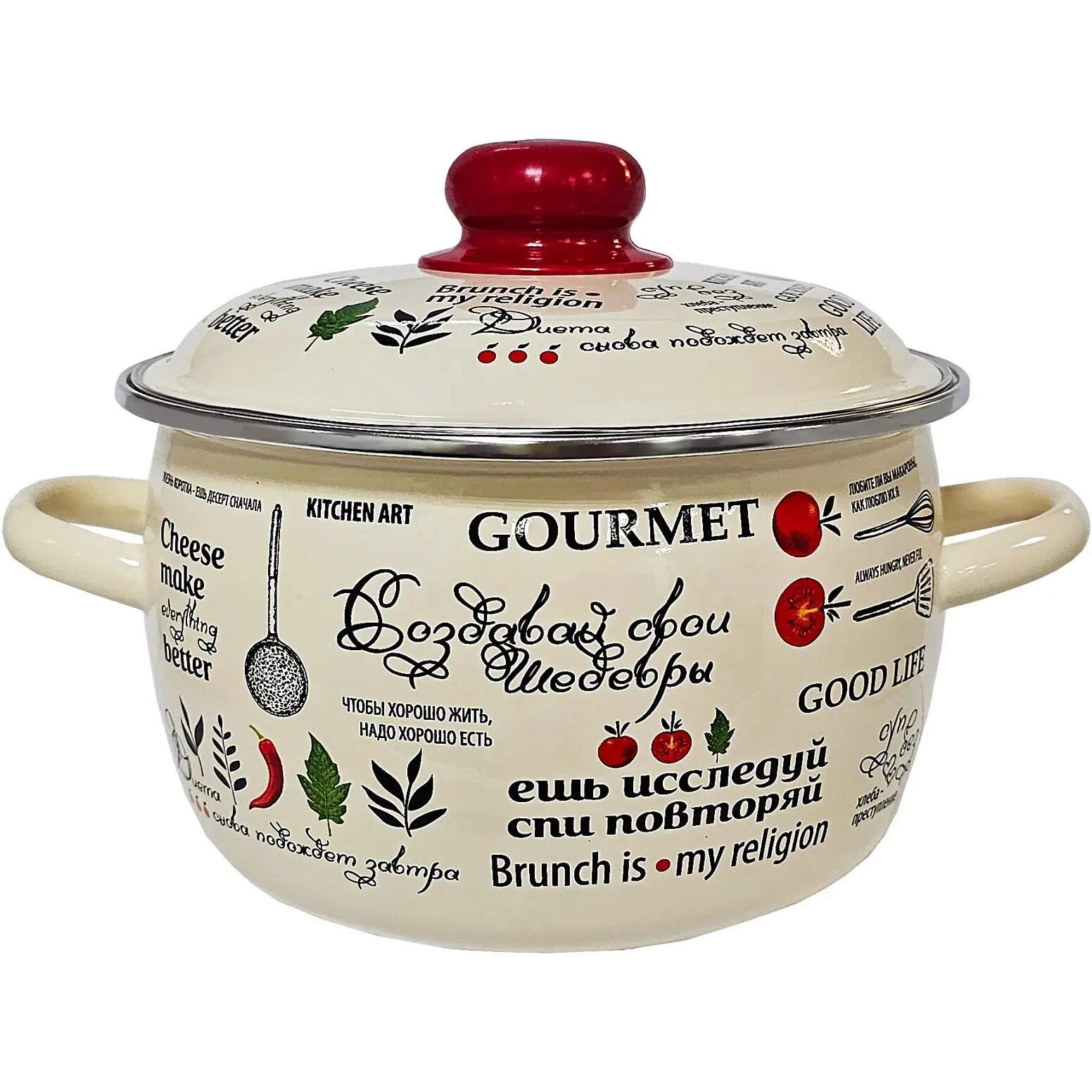 Кастрюля эмалированная 5,5 л, светлый корпус, красная крышка, жаростойкая сталь, надёжное приготовление без прилипания