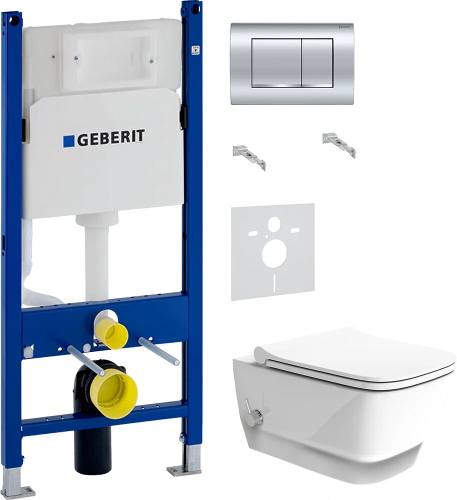 Комплект 4 в 1 Унитаз подвесной Boheme Bello 971-2-W с функцией биде, белый глянцевый / Сиденье 975-W белая глянцевая / Инсталляция с кнопкой Geberit Duofix Delta 458.163.21.1 цвет хром, Звукоизоляци