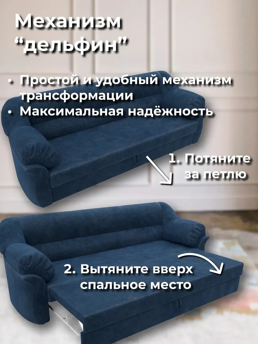 Диван прямой Классик со спальным местом 122х170 см, велюр, синий — фото 1