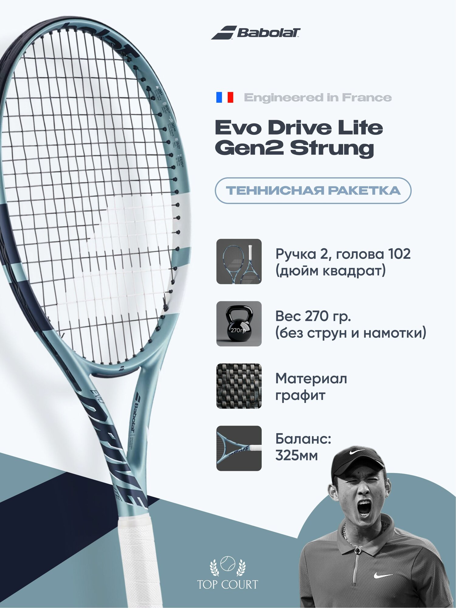 Ракетка для большого тенниса Babolat Evo Drive Lite Gen2 (Ручка 2, без натяжки)