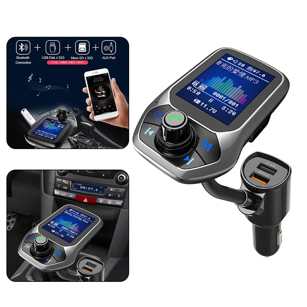FM-трансмиттер T43 автомобильный с поддержкой быстрой зарядки и Bluetooth 5,0, 1,8 дюйма