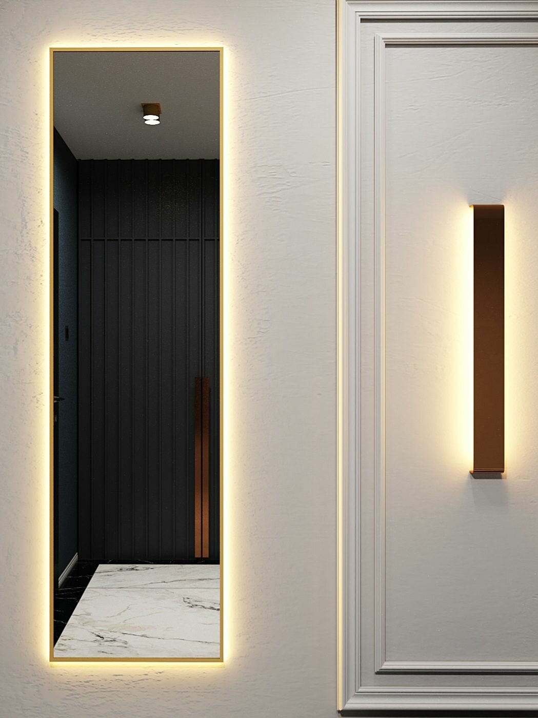 Зеркало настенное 160х40 см. золото с подсветкой. Свет: Теплый белый 3000К В алюминиевой раме интерьерное MOONRISE