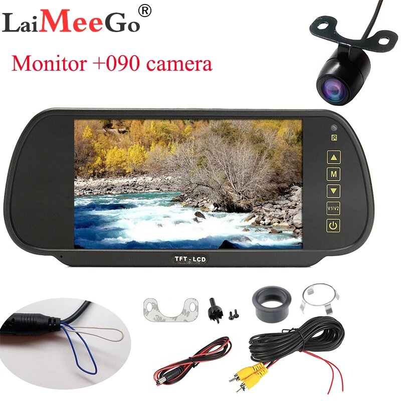 Резервная автомобильная камера и зеркало заднего вида, экран монитора, система парковки, обратное расстояние безопасности, водонепроницаемый 7-дюймовый ЖК-дисплей для автомобиля, with 090 cam