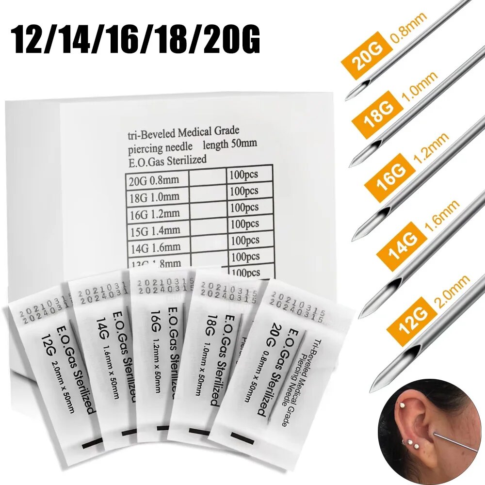 Иглы для пирсинга YUELONG 12G 14G 16G 18G 20G 14G (1.6mm), 100pcs