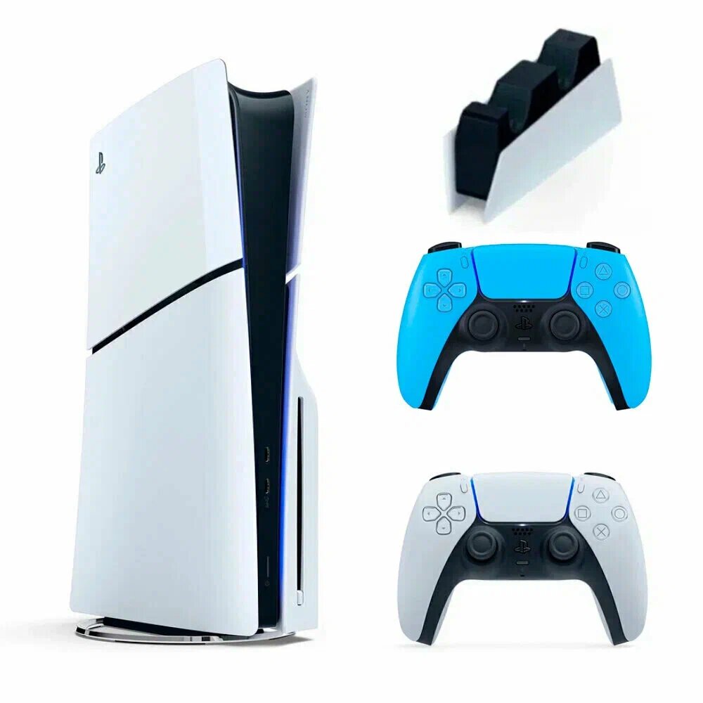Игровая приставка Sony PlayStation 5 Slim, 1ТБ(с дисководом), 2й геймпад голубой + Зарядная станция Sony DualSense