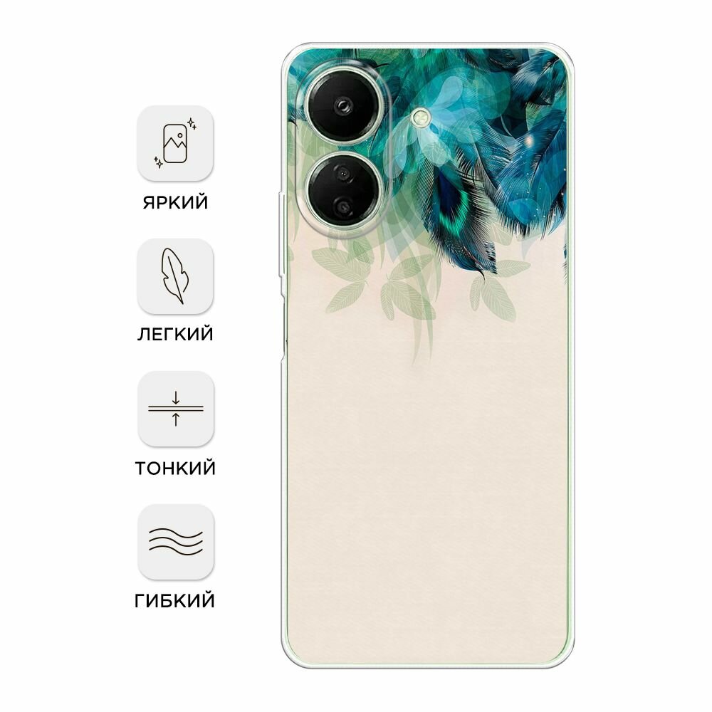 Чехол на Xiaomi Redmi 13C/Poco C65 / Сяоми Редми 13C/Поко С65 с принтом Перья голубого цвета — фото 1
