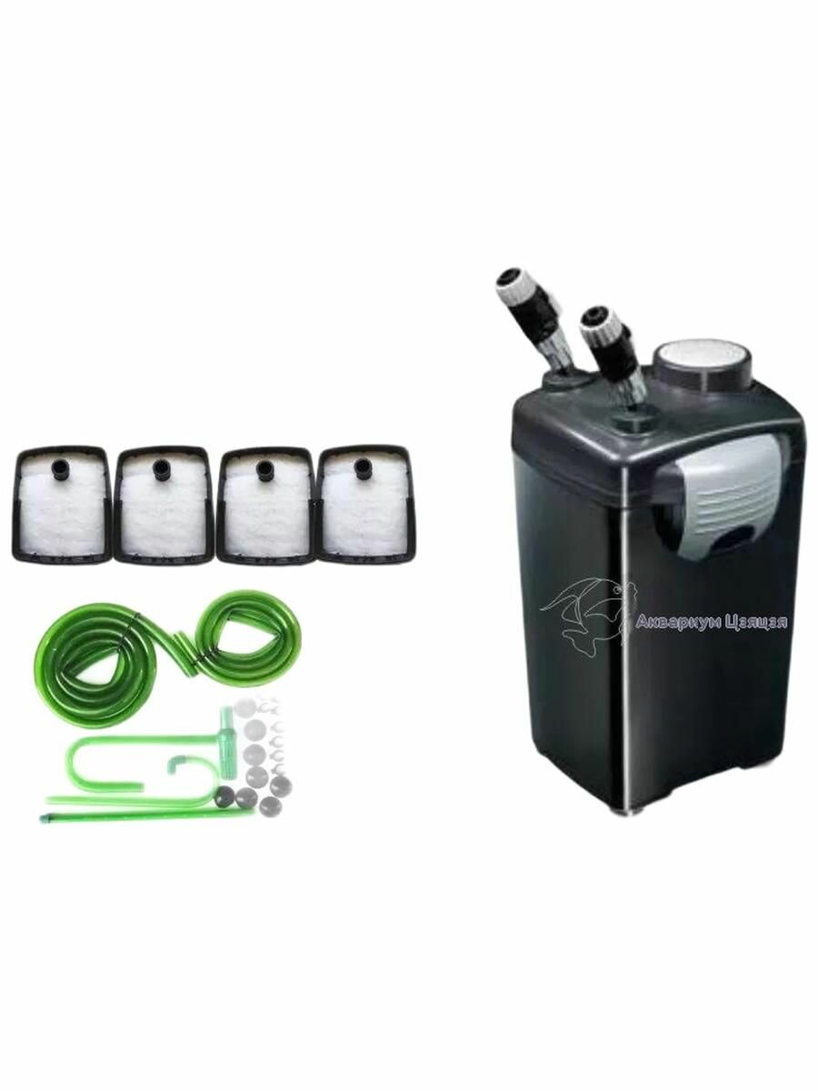 Внешний фильтр-бочка jebo AP-838 silent black мощностью 28 Вт, 1200 л/ч, 4 корзины, полный комплект фитингов, встроенная губка, подходит для аквариума диаметром 80-100 см