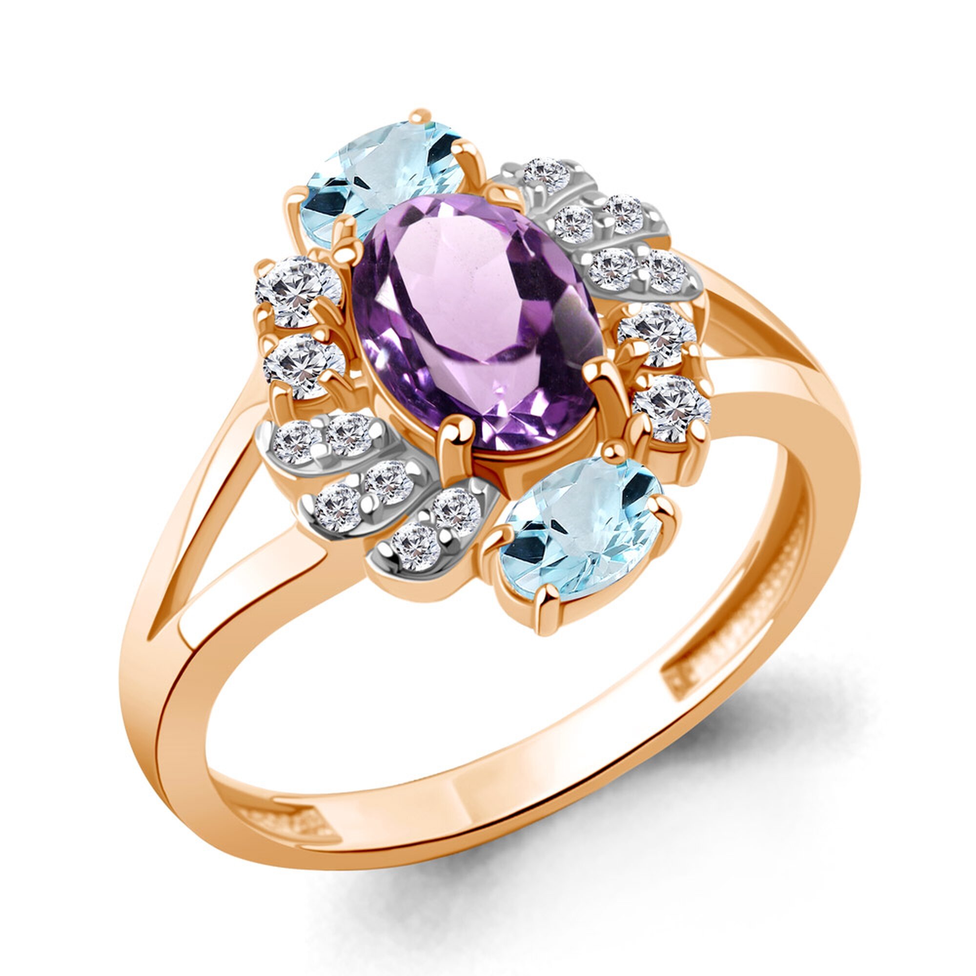 Кольцо, серебро, 925 проба, золочение, аметист, фианит, топаз