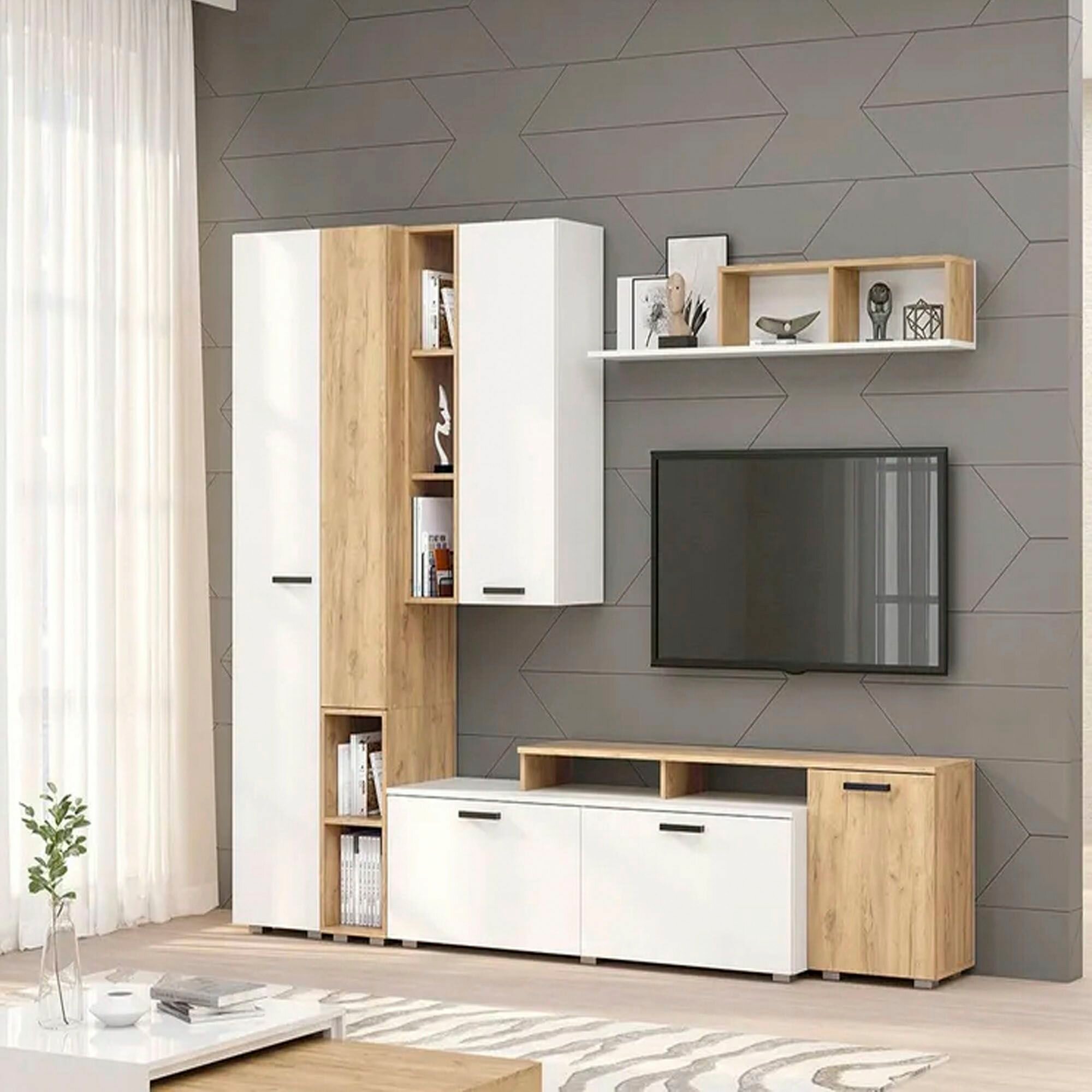 Cтенка в гостиную "Эльза" Дуб крафт золотой / Белый шагрень под телевизор, со шкафом, напольная, горка в гостиную, в зал, тв зона, ширина 240 см. мини стенка, модульная