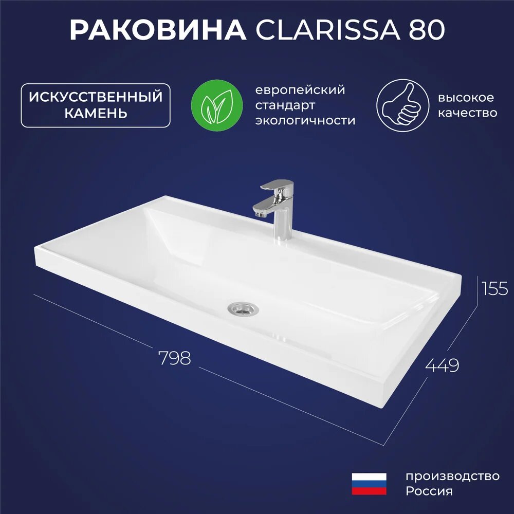 Мебельная раковина Itana Clarissa 80 накладная, из искусственного камня, белая, глянцевая, раковина для ванной, прямоугольная