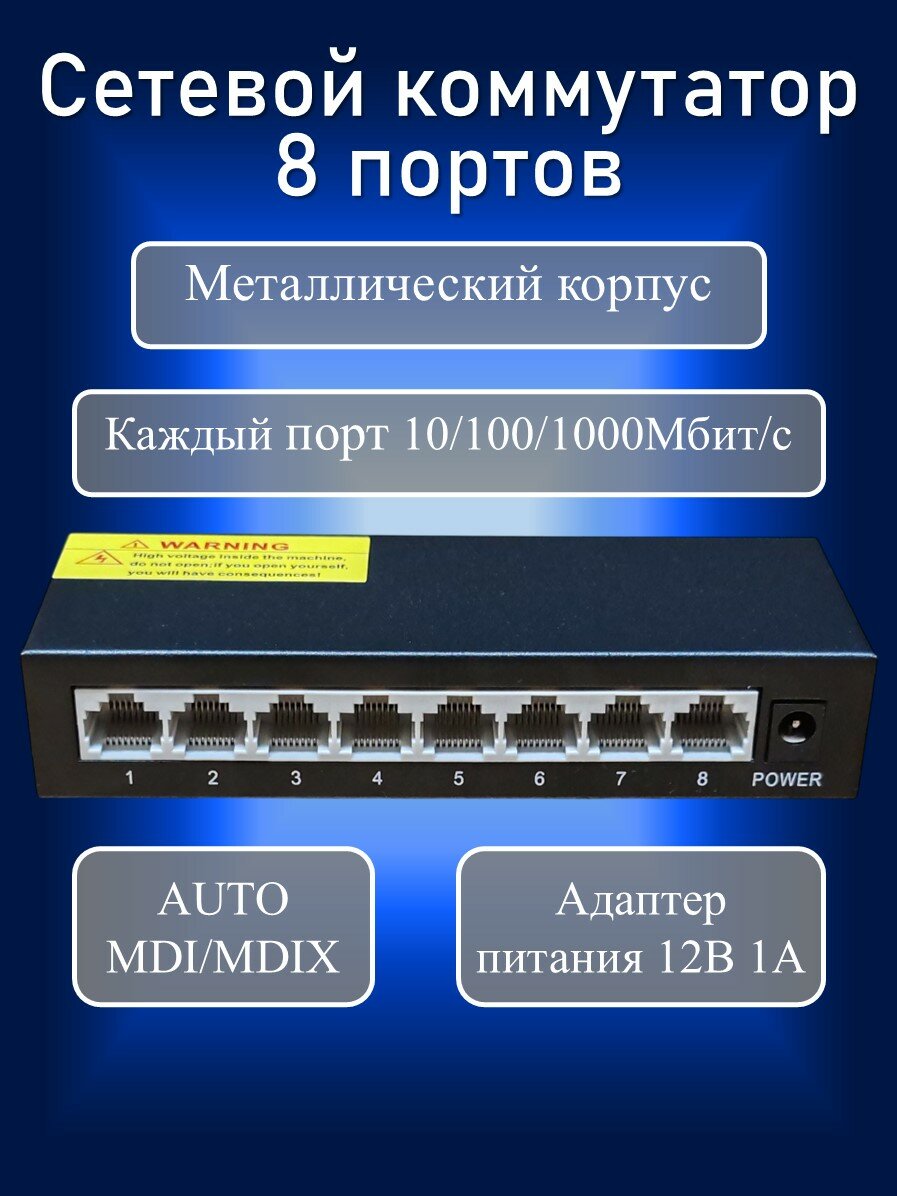 Коммутатор сетевой 8 портов, скорость портов 10/100/1000 Мбит/с, питание 12В 1А, металлический корпус