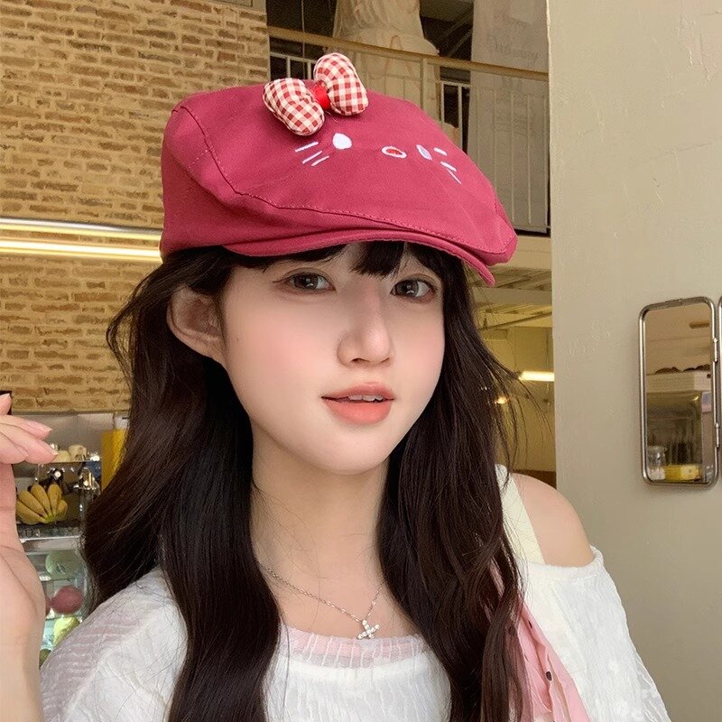 Весенне-летняя тонкая милая женская шляпа с бантиком и кошачьим носом, корейская версия, универсальная шляпа с обратным носком, маленькая шляпа, чтобы показать лицо