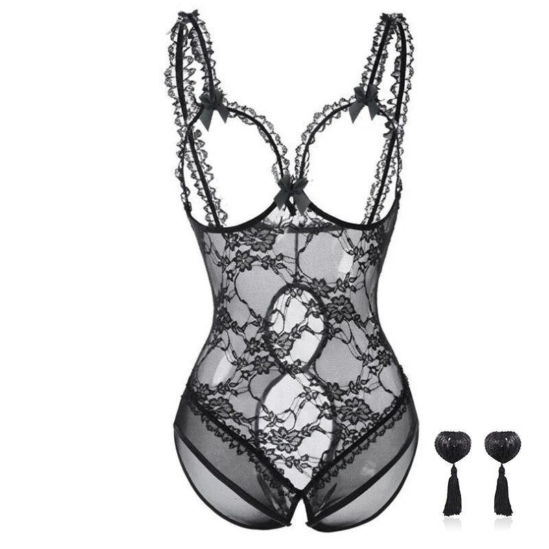 Сексуальный открытый бюстгальтер, кукла в сборе, наклейки на соски, Черный, XXL, Black and nipple