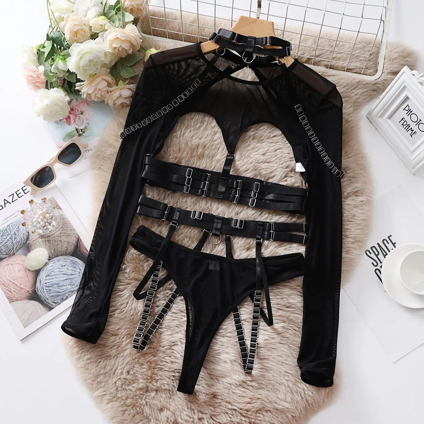 Женский сексуальный экзотический комплект, прозрачный бандажный комплект нижнего белья, прозрачное нижнее белье, Экзотическая одежда Черный, S, 1