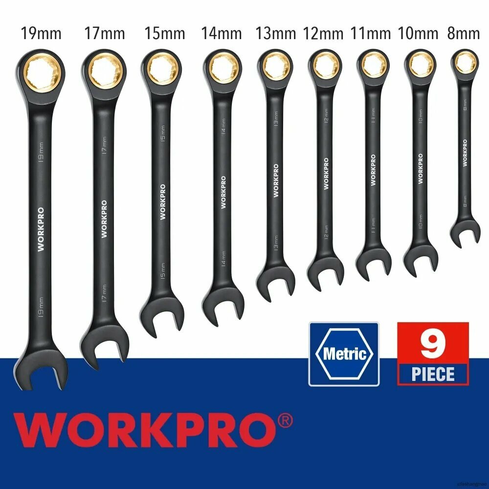 WORKPRO Набор из 9 противоскользящих комбинированных ключей с храповым механизмом