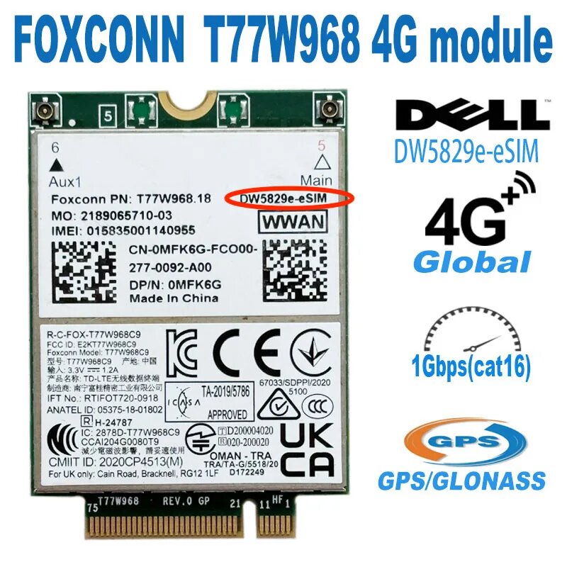 WDXUN Модуль WWAN T77W968 для Dell DW5829e E-sim