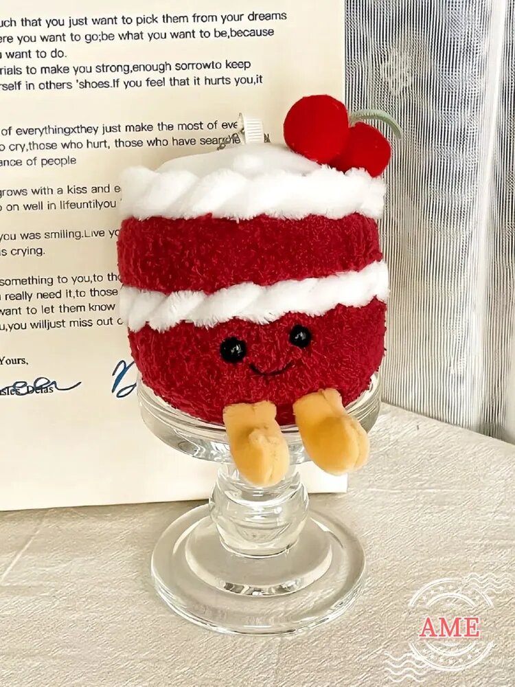 JELLYCAT бордовый вишневый торт с милой плюшевой игрушкой，Детские плюшевые игрушки, подарки на день рождения