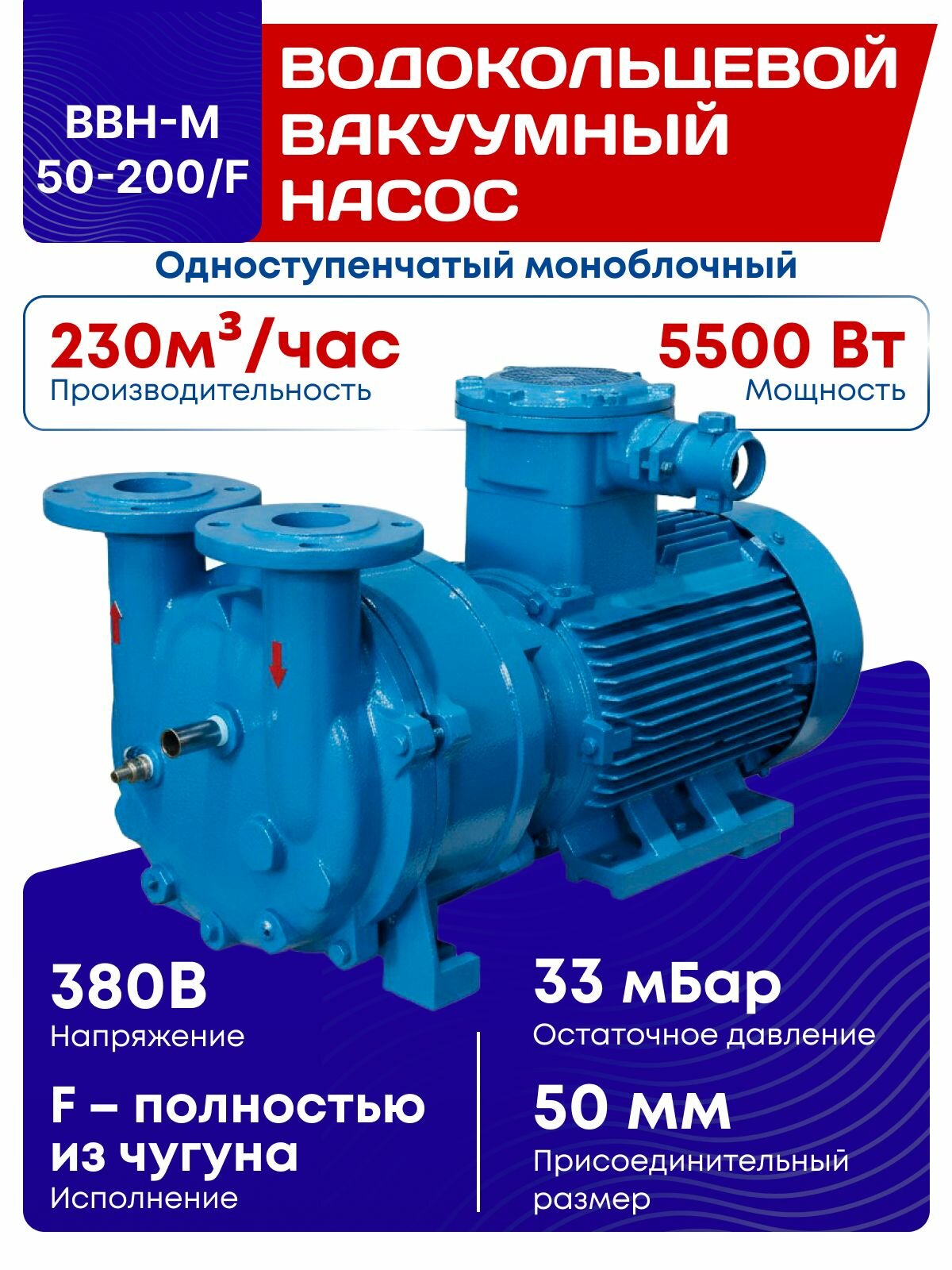 Одноступенчатый моноблочный водокольцевой вакуумный насос BBH-M 50-200/F с двигателем 5.5 кВт