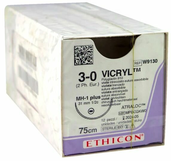 Шовный материал W9130 Ethicon Vicryl Викрил 3/0, 75 см, кол. 31 мм, 1/2 (12шт.)