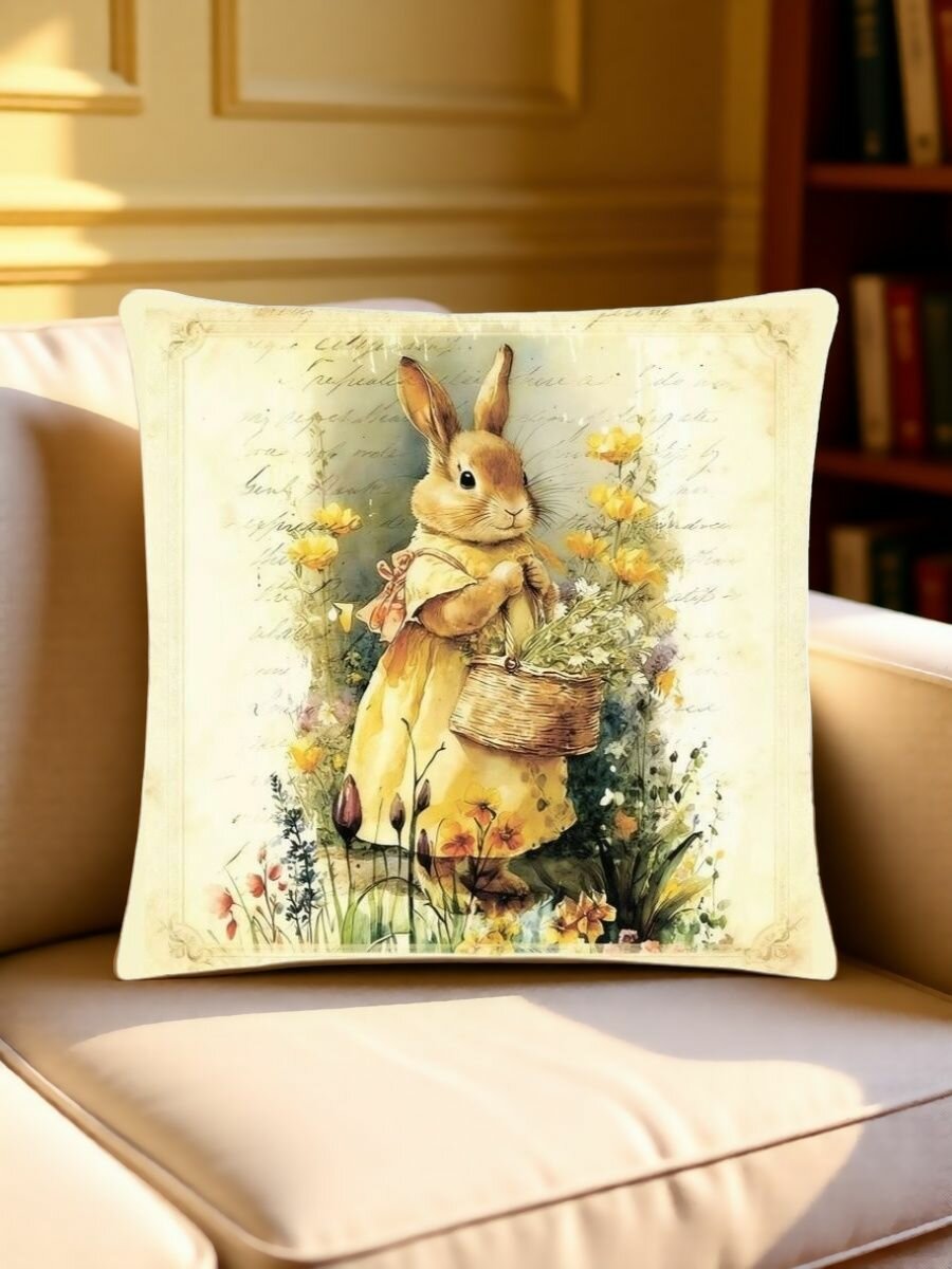 Чехол для подушки Зайка с луговыми цветами 40х40 велюр