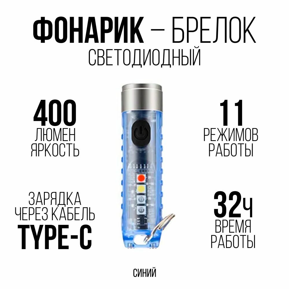 Карманный мультифункциональный фонарик-брелок светодиодный синий