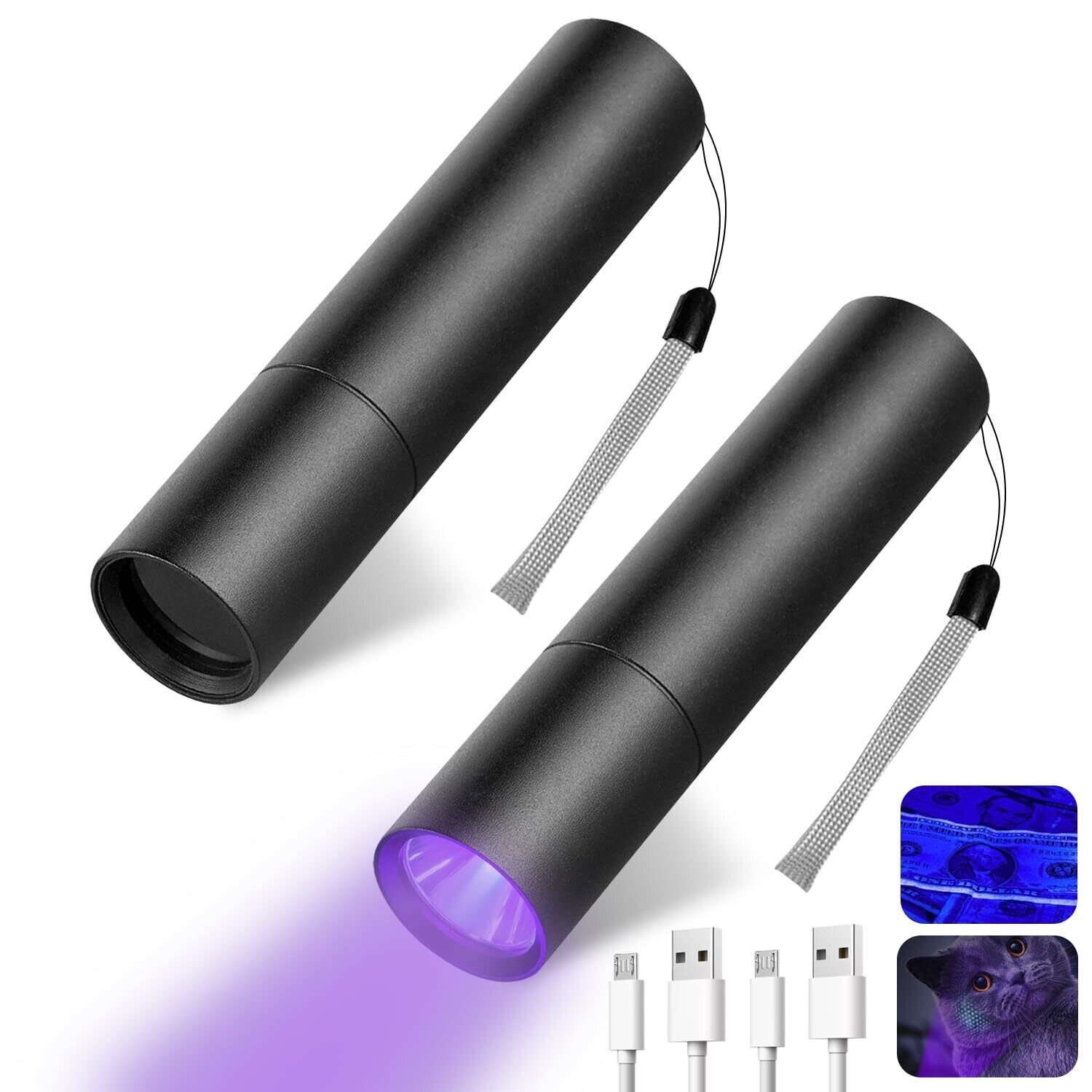 Перезаряжаемый USB-фонарик из 2 частей, ультрафиолетовая лампа черного света 365 нм, 395 нм для отверждения смолы, пятен, мочи домашних животных, обнаружения ювелирных изделий, ковров, фальшивых купюр, скорпионов