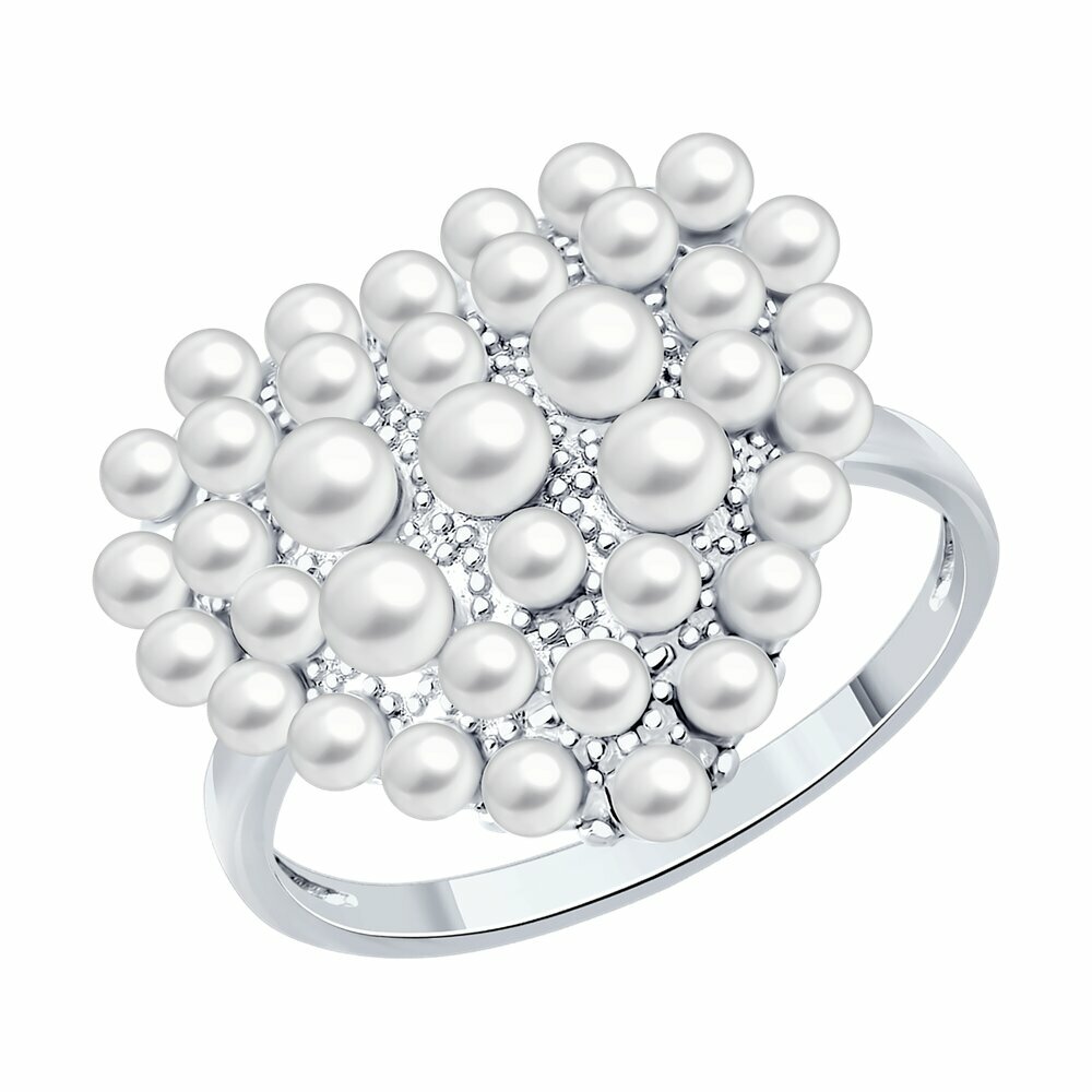 Кольцо, серебро, 925 проба, родирование, жемчуг имитация