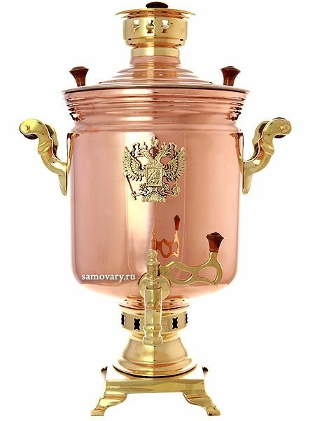 Комбинированный самовар 5 литров латунь-медь "цилиндр" с накладным Гербом РФ,