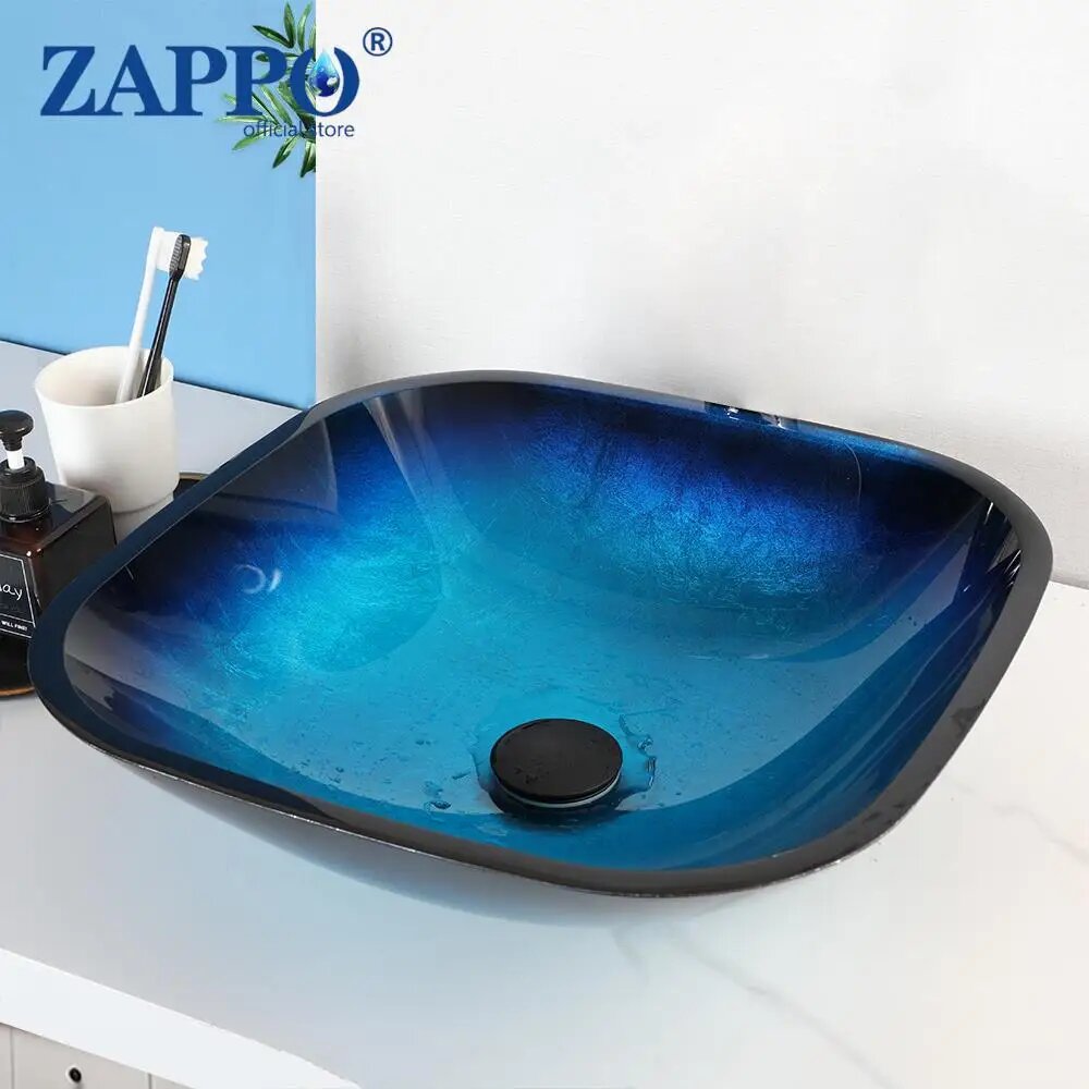 Напольная раковина из закаленного стекла ZAPPO для ванной комнаты с водопадным черным смесителем раковина для ванной комнаты овальная синяя раковина над石隐совой раковиной