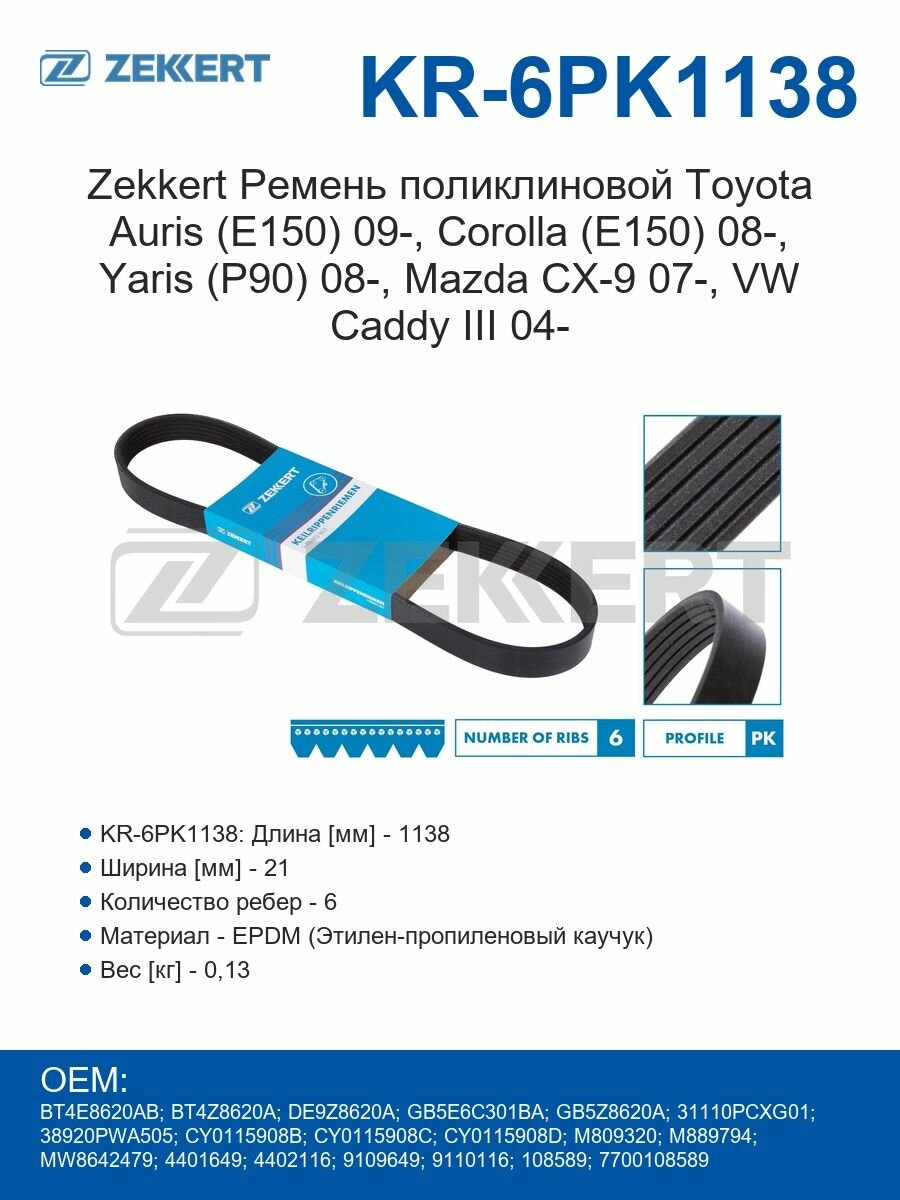 Zekkert Ремень поликлиновой Toyota Auris (E150) 09-, Corolla (E150) 08-, Yaris (P90) 08-, Mazda CX-9 07-, VW Caddy III 04-
