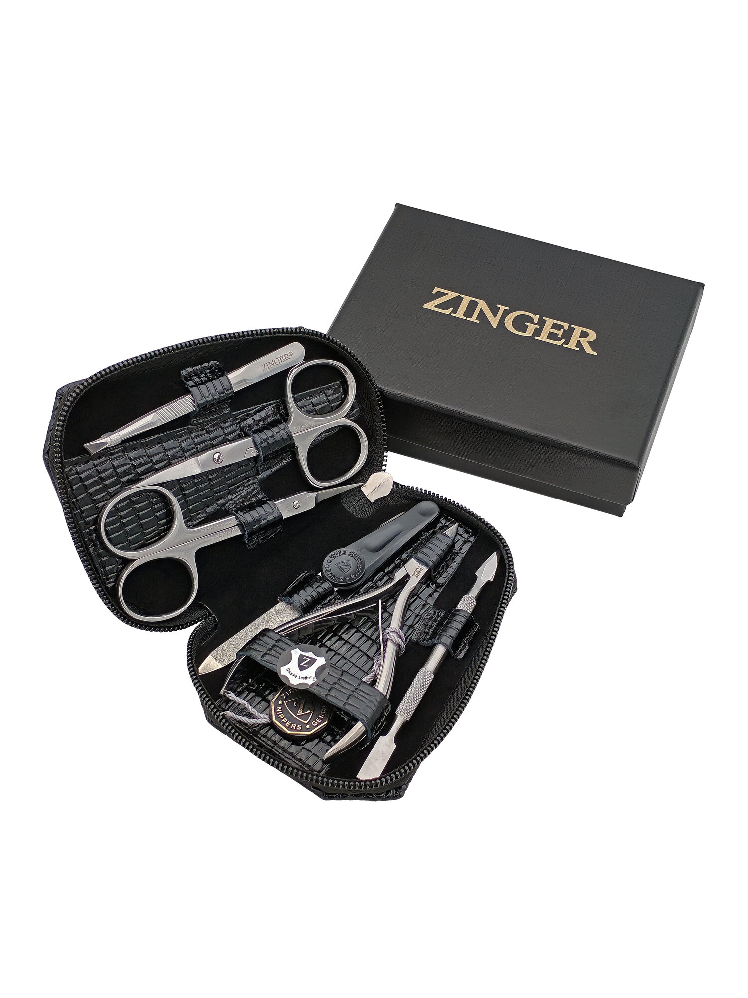 Маникюрный набор Zinger MS-7103, 6 предметов, медицинская сталь, натуральная кожа, серебристый/черный лофт