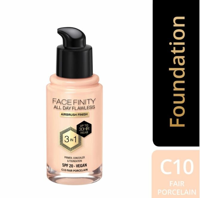 Max Factor тональный крем Facefinity all day flawless 3 in 1 vegan foundation C10 FAIR PORCELAIN