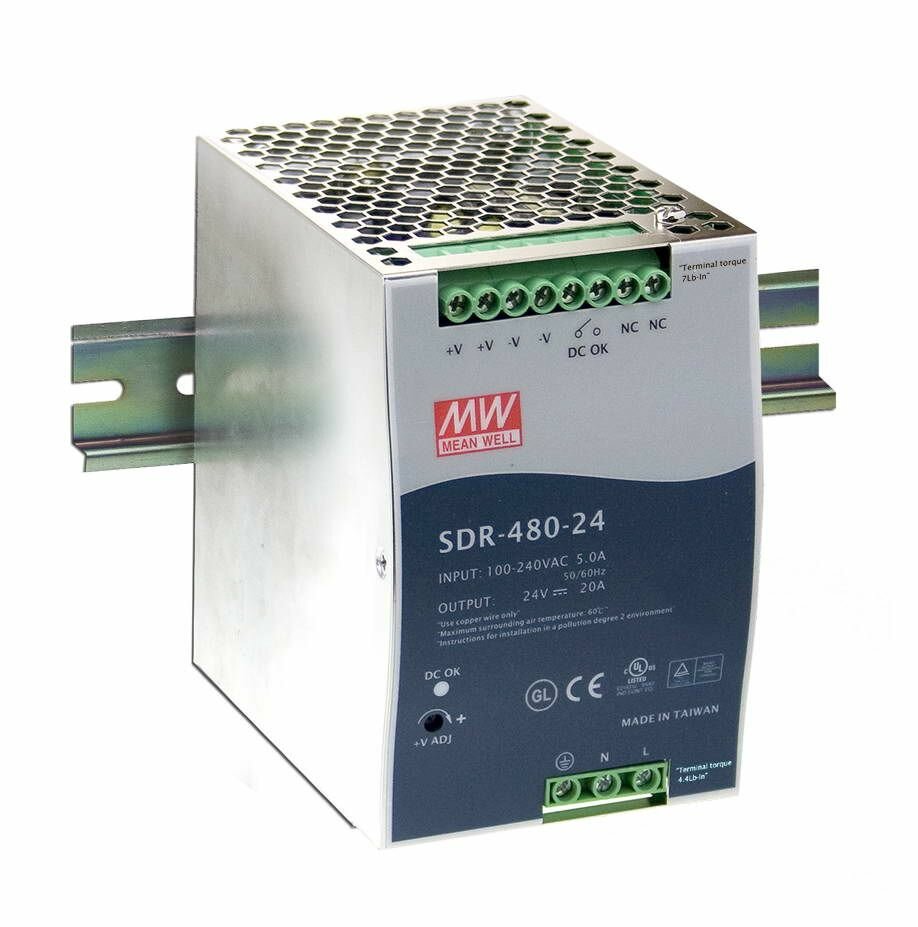 Блок питания MEAN WELL AC-DC, 480 Вт, вход AC 90-264В, 47-63 Гц, DC 127-370В, выход 24В 20А, регулировка выхода 24-28В, в кожухе, на DIN-рейку