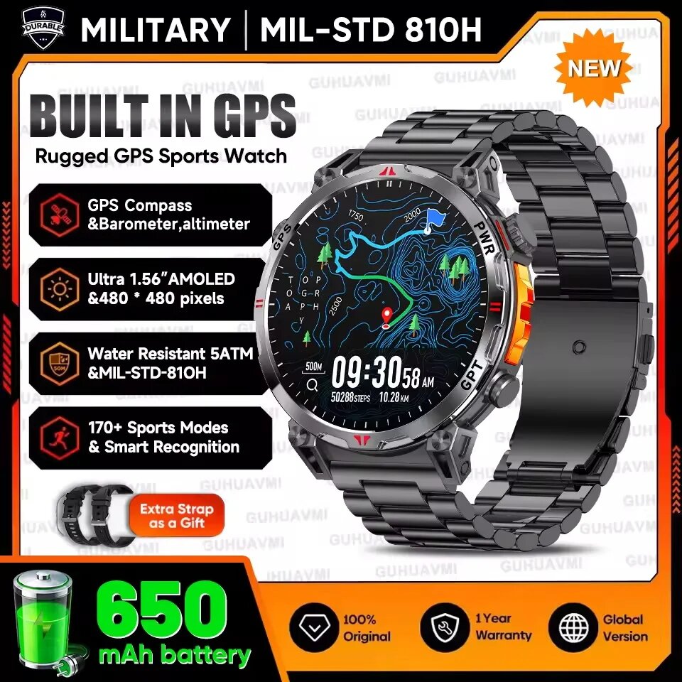 GPS-умные часы мужские, Black Steel 2A, AMOLED 1.56"