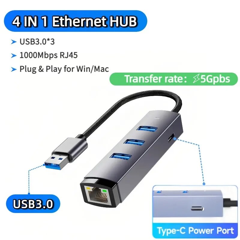 USB 3.0 Ethernet Hub 4-Port RJ45, Aluminium