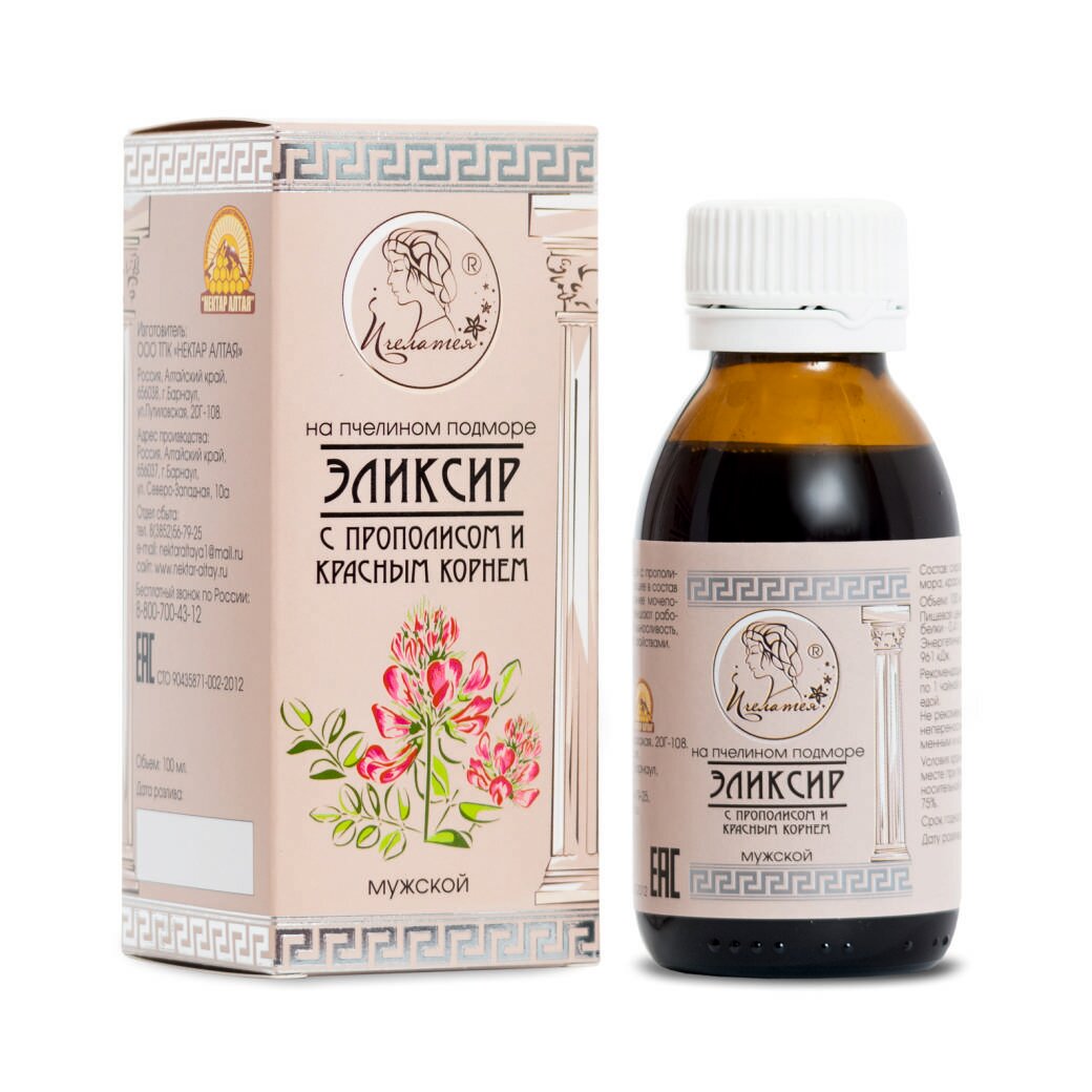 Мужской эликсир с прополисом и красным корнем на пчелином подморе от бренда "Нектар Алтая", объем 100 мл