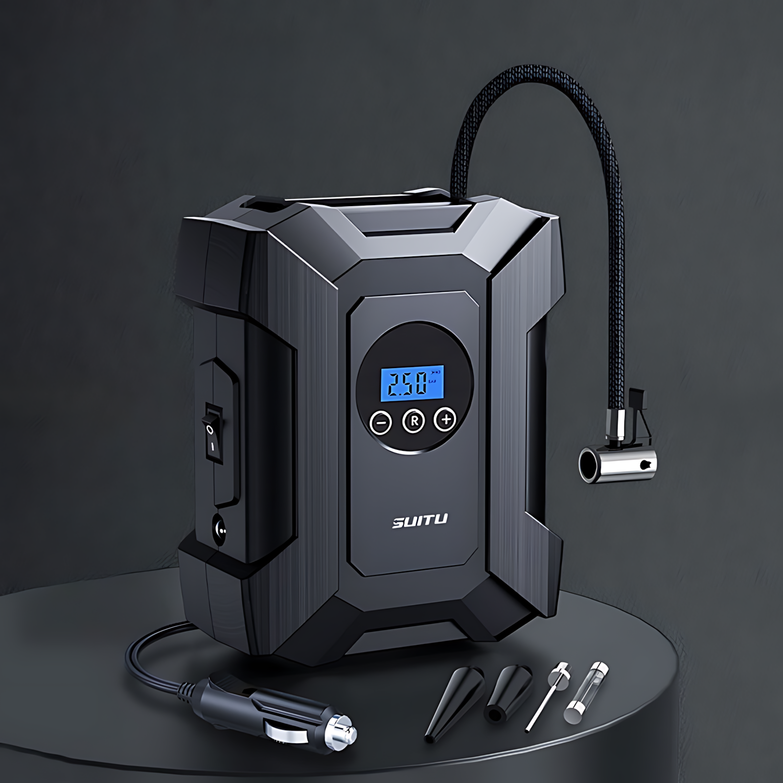 Портативный компрессор с насадками, цифровой дисплей, черный